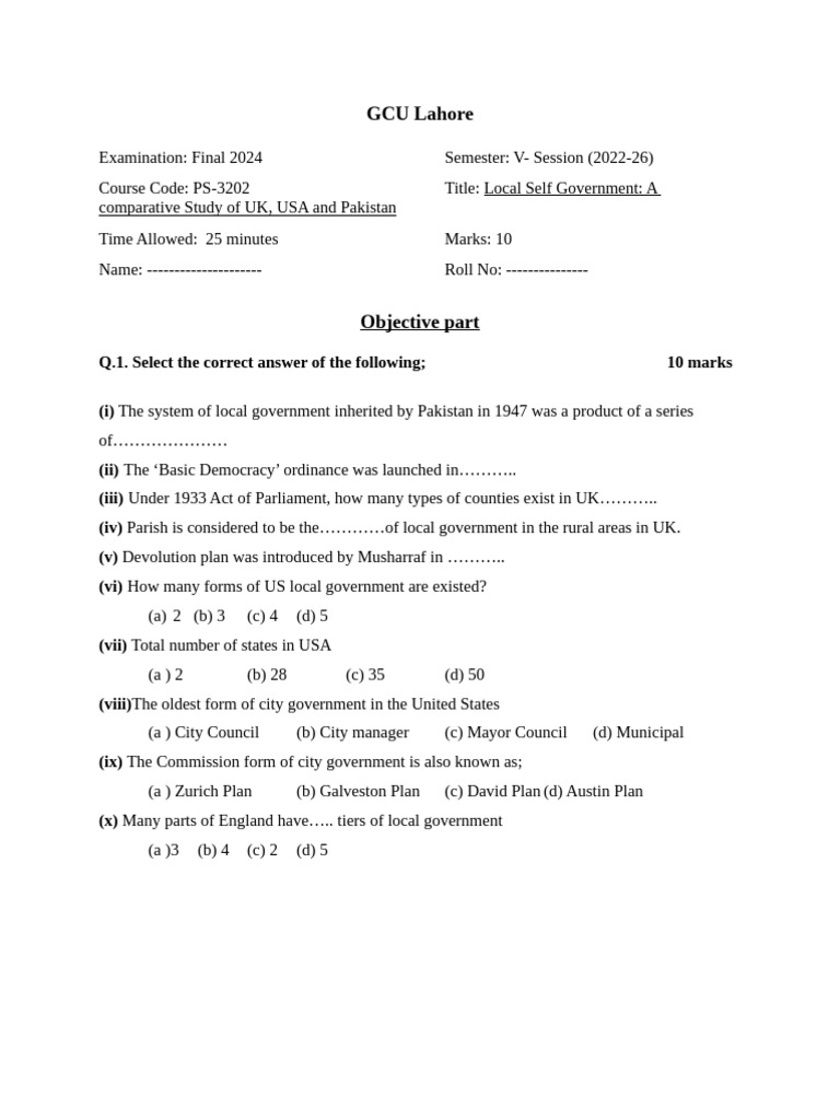 Local Govt Ps 3202 Final Specimen | PDF | Forms Of Government | Governance