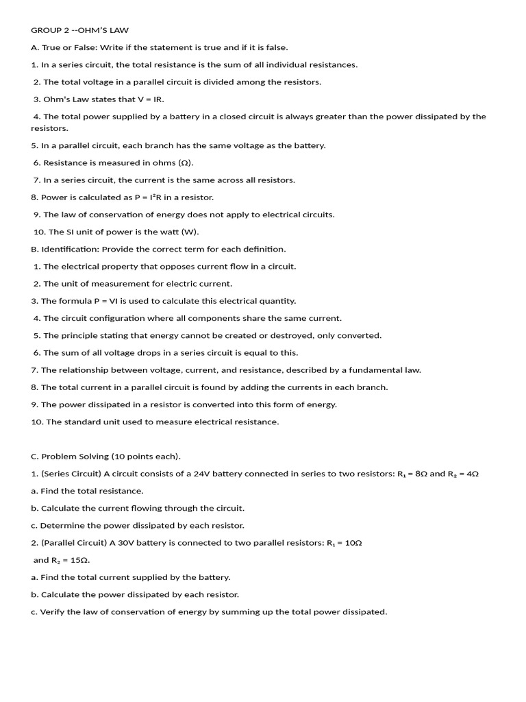 Ohm's Law: True/False & Problem Solving | PDF