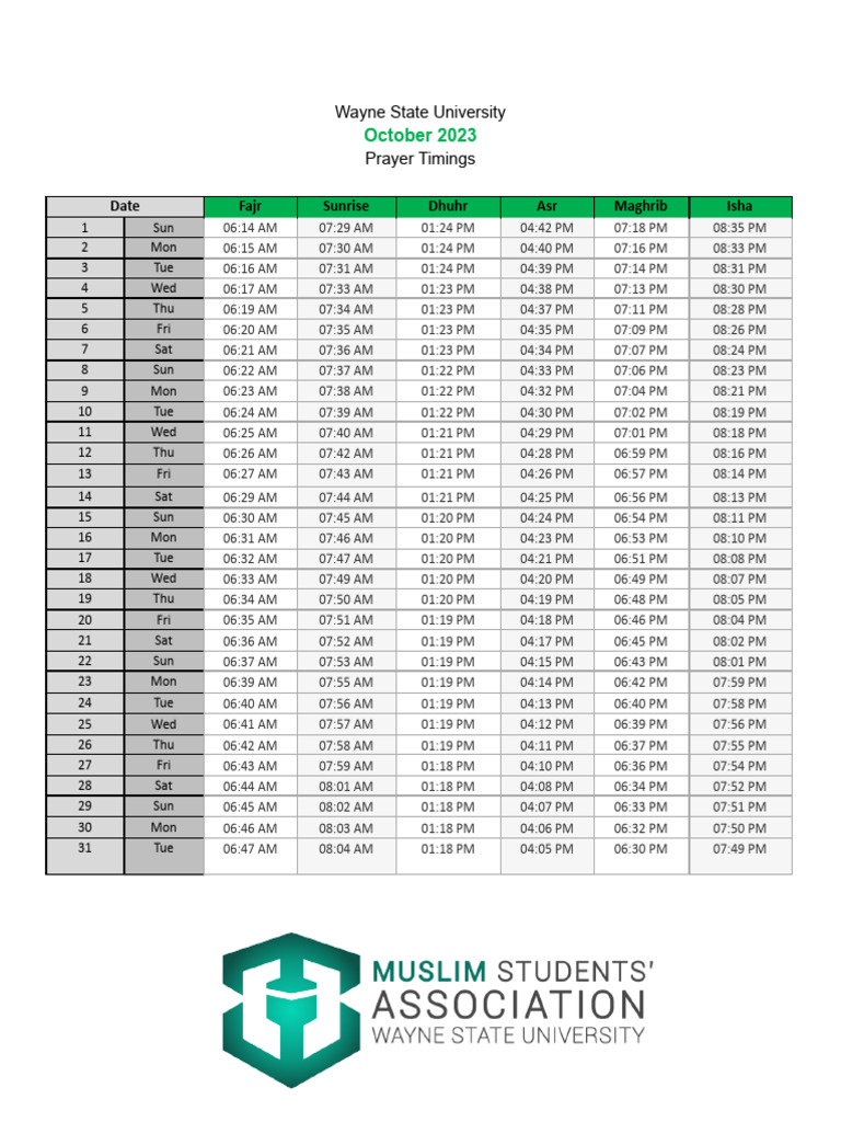 MSA October 2023 Prayer Schedule | PDF | Prayer | Sharia