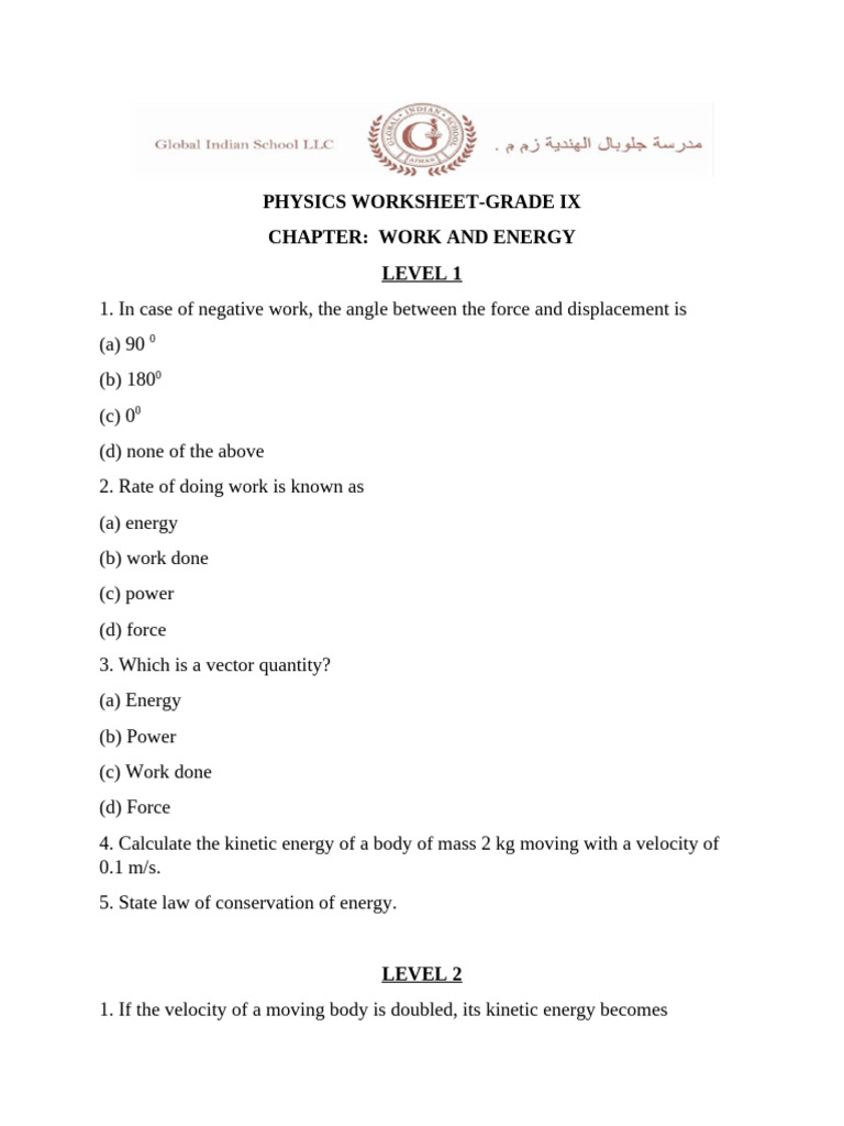 Work and Energy Worksheet Answers | PDF