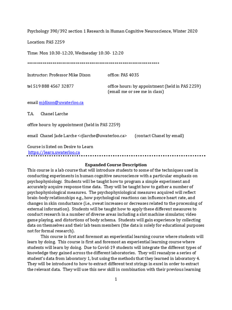 Psych 390, 392 Human Cog Neuroscience Winter 2020 Course Outline | PDF | Psychophysiology | Outlier