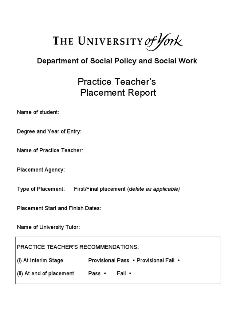 Practice Teacher's Placement Report: Department of Social Policy and ...