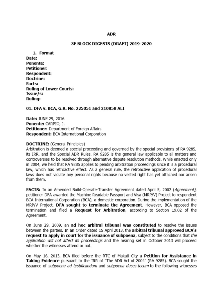Adr 3f Block Digests 2019 (Draft).Docx | PDF | Arbitration | Subpoena ...
