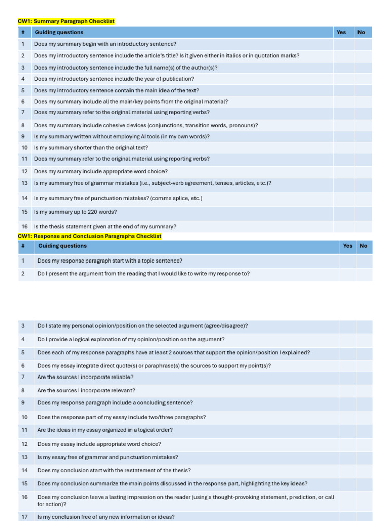 CW1 Checklists | PDF | Essays | Verb
