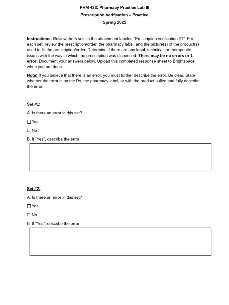 Prescription Verification - Student Response Sheet | PDF
