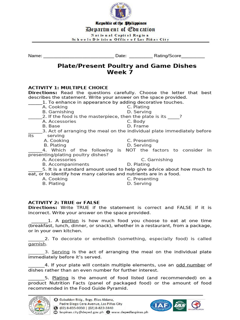 Worksheet-Week 7-Cookery QTR 3 | PDF | Meal | Recipe