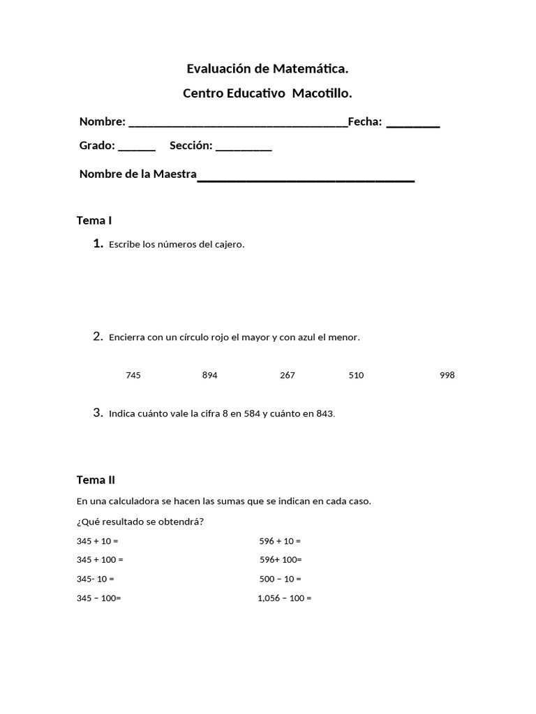 Evaluacion Tercer Grado | PDF