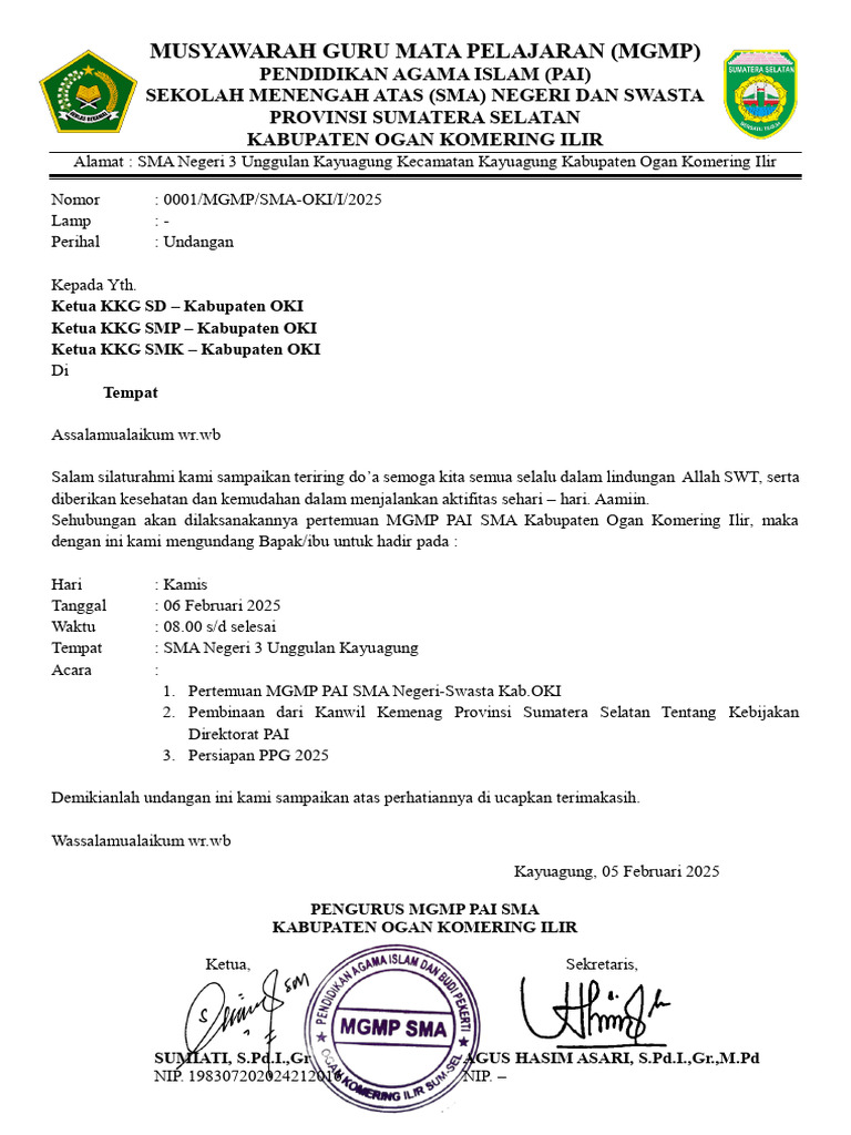 Undangan MGMP Pai Oki (KKG SD, SMP, SMK) | PDF
