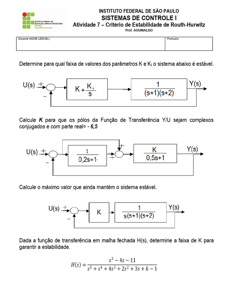 Atividade 7 - Critério de Estabilidade de Routh-Hurwitz | PDF