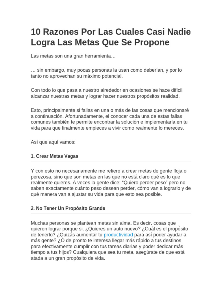 10 Razones Por Las Cuales Casi Nadie Logra Las Metas Que Se Propone | PDF 10 Razones Por Las Cuales Casi Nadie Logra Las Metas Que Se Propone | PDF
