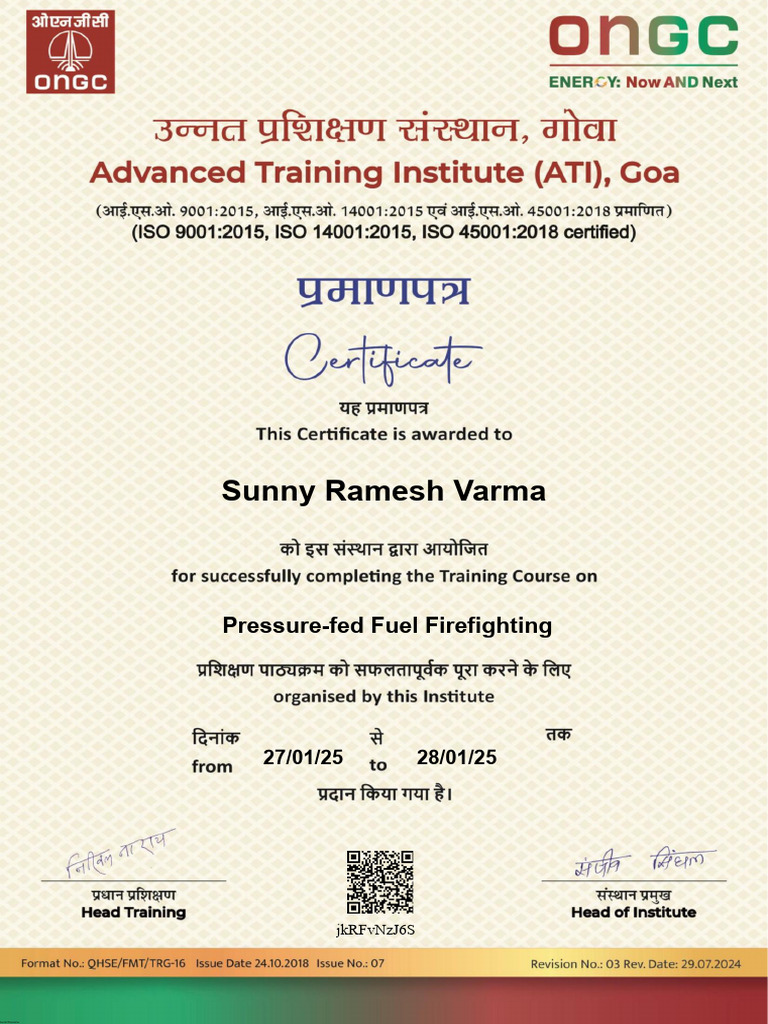 ATI ONGC Certificate | PDF