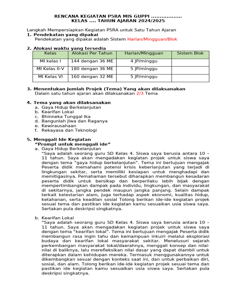 Rencana Kegiatan P5RA MI 2024/2025 | PDF