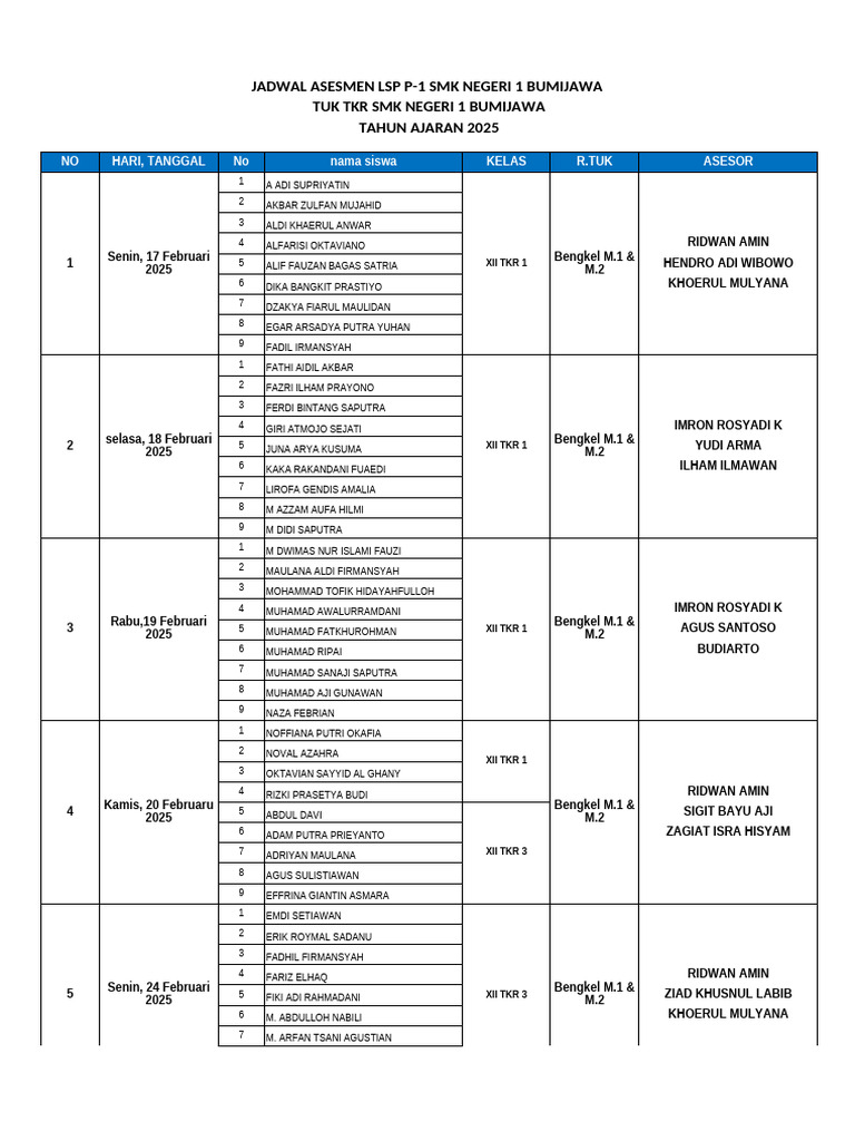 Jadwal UJI LSP TKR 2025 | PDF