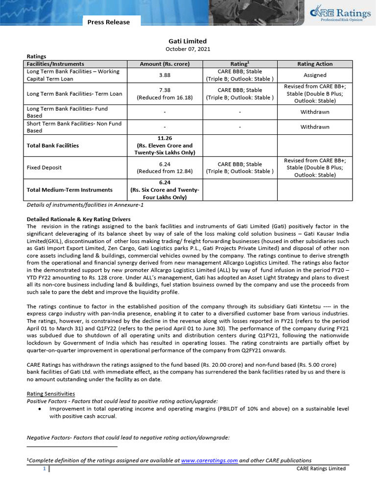 Gati Limited Rating Update: October 2021 | PDF | Logistics | Banks