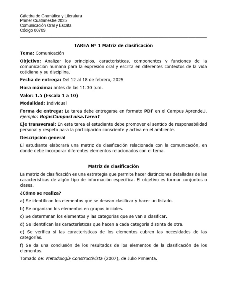 Tarea 1. Matriz de Clasificación (Instrucciones y Rúbrica) | PDF ...