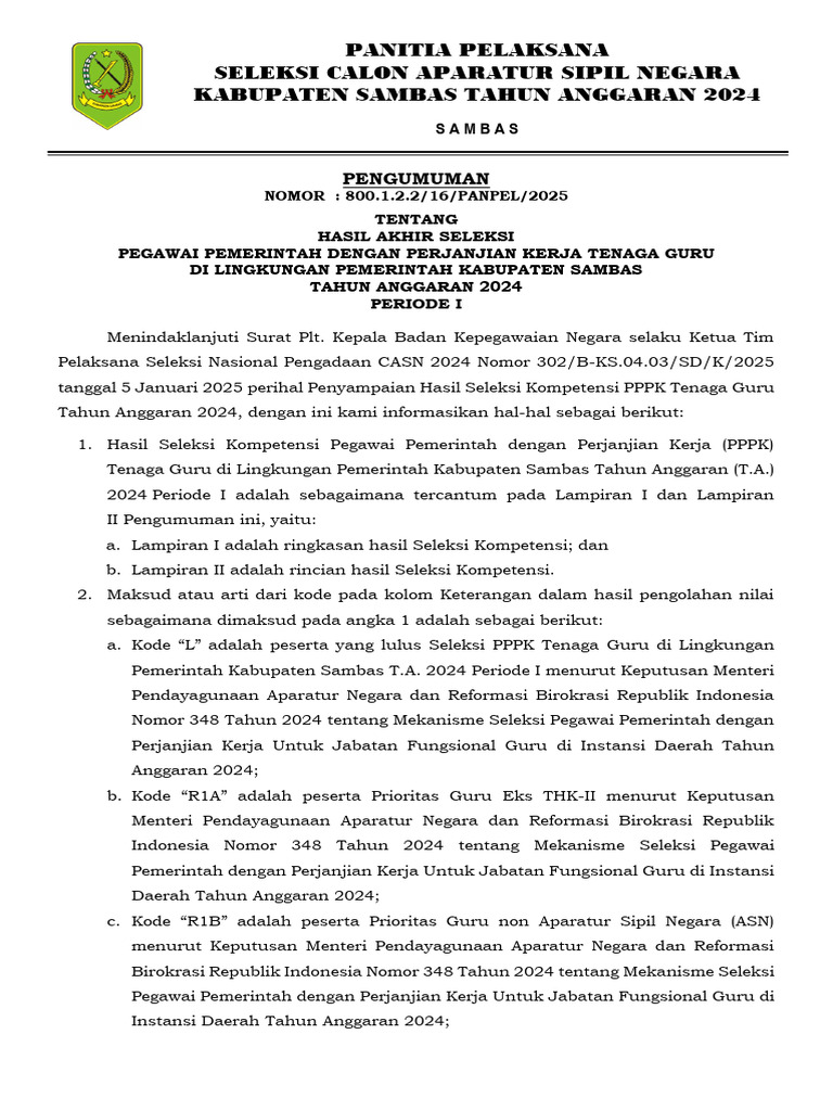Pengumuman Hasil Akhir Seleksi PPPK Tenaga Guru | PDF