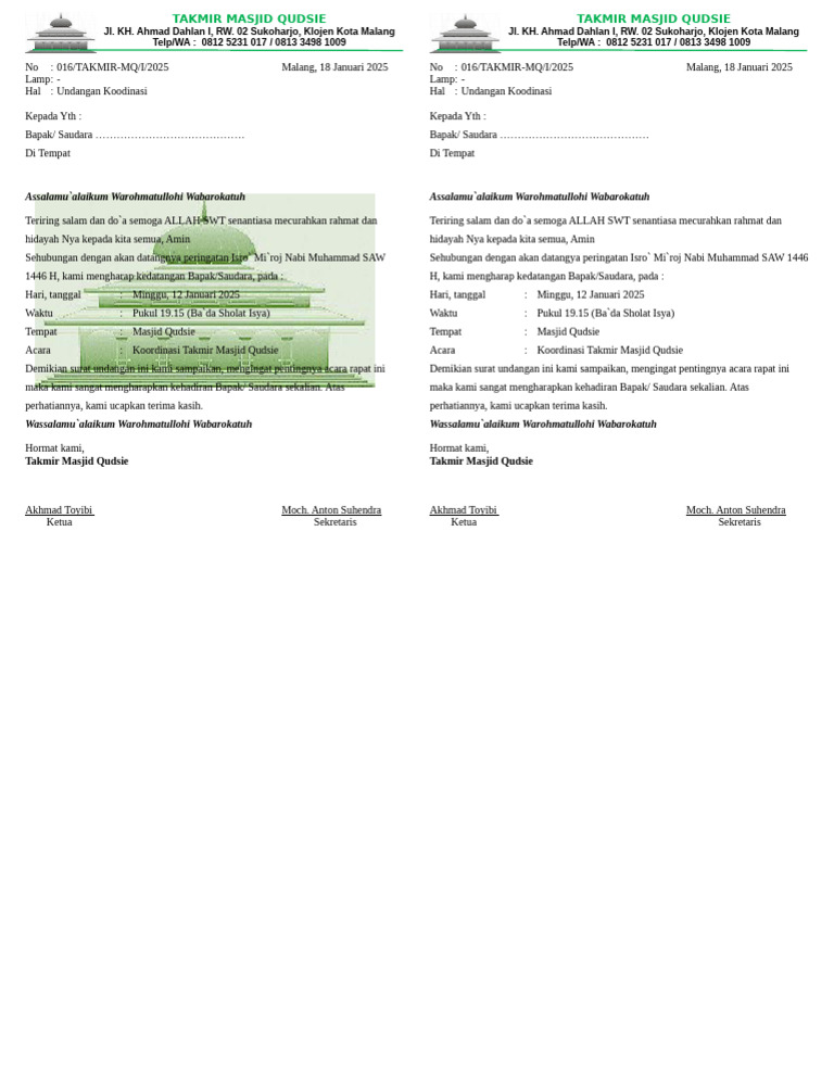 UNDANGAN TAKMIR MASJID QUDSIE 2025 Isro Miroj | PDF