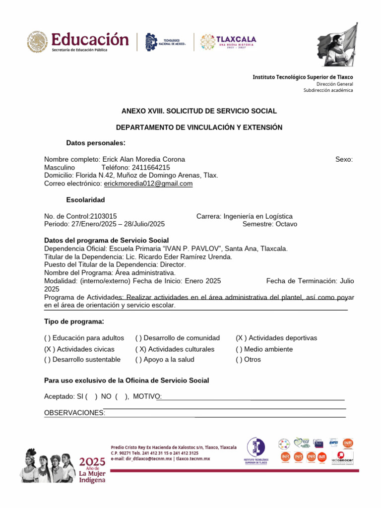 Solicitud Servicio Social Erick Moredia | PDF