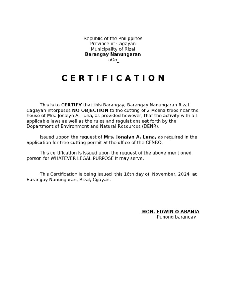 Brgy Certfcation Cutting of Trees | PDF