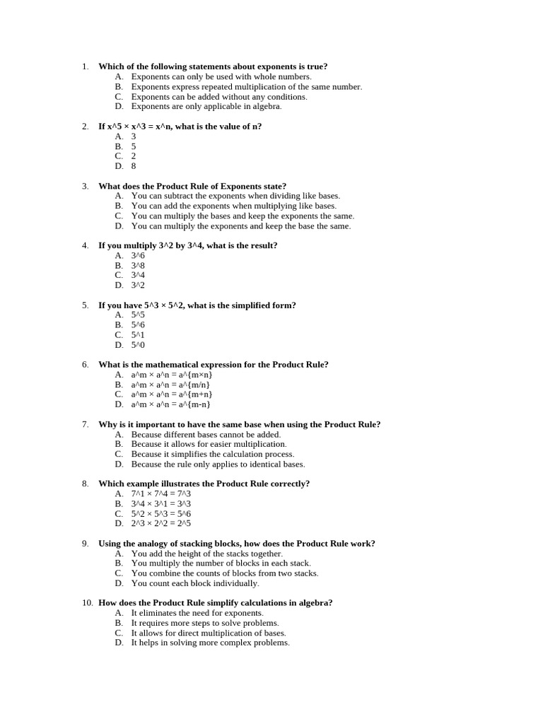 Product Rule of Exponents | PDF