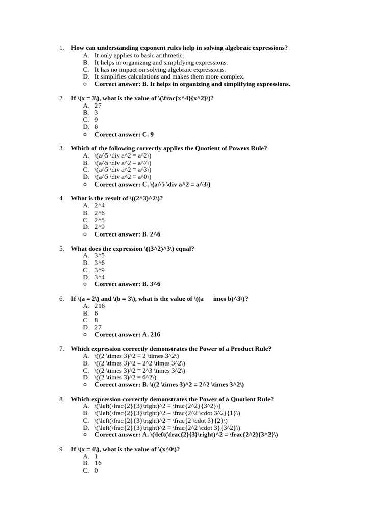 Algebra Exponent Rules Quiz | PDF