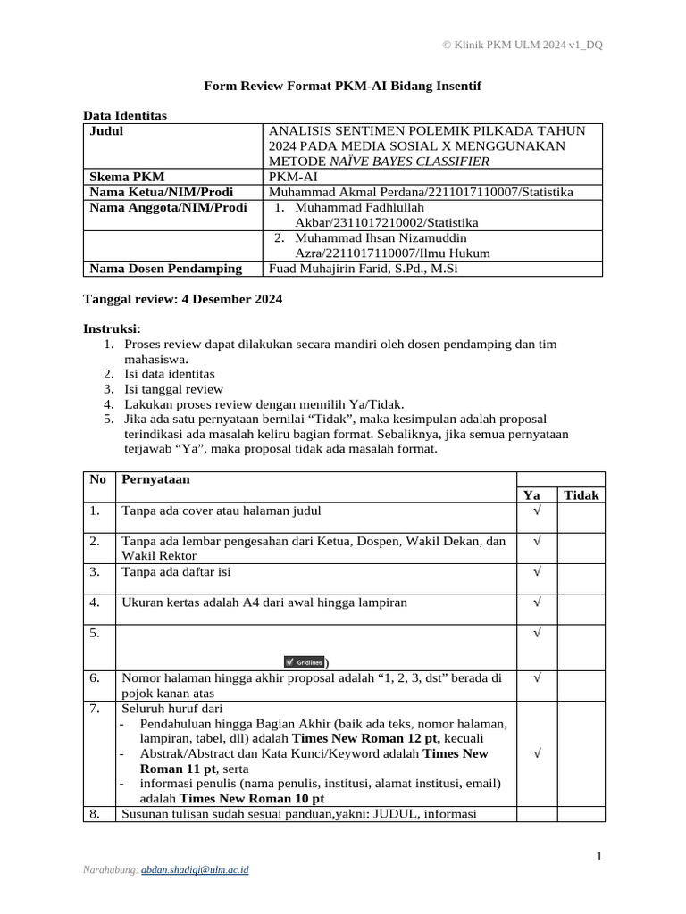 Form Mhs Self-Review Format PKM-AI Bidang Insentif | PDF