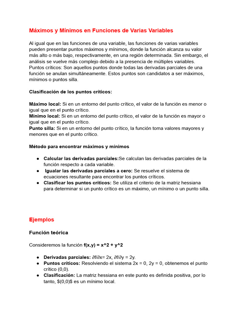 Máximos y Mínimos en Funciones de Varias Variables | PDF | Matriz (Matemáticas) | Función ...