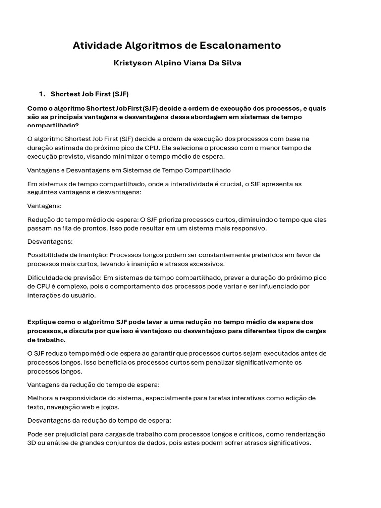 Atividade Algoritmos de Escalonamento | PDF | Agendamento (informática) | Tempo