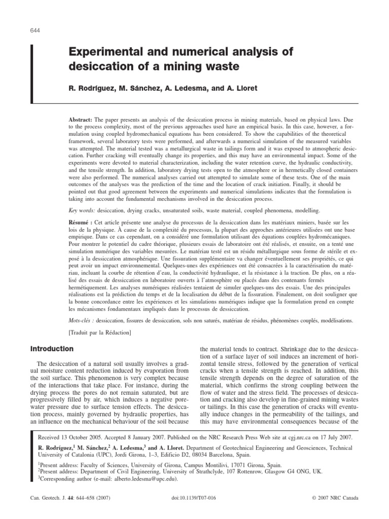 Rodriguez Et Al. 2007-Experimental and Numerical Analysis of .. of A Mining Waste | PDF | Stress ...