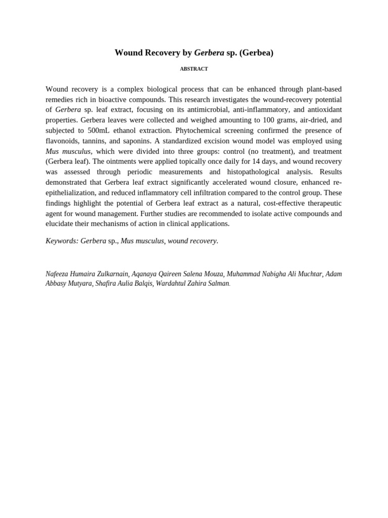 Wound Recovery by Gerbera sp Research 1 | PDF
