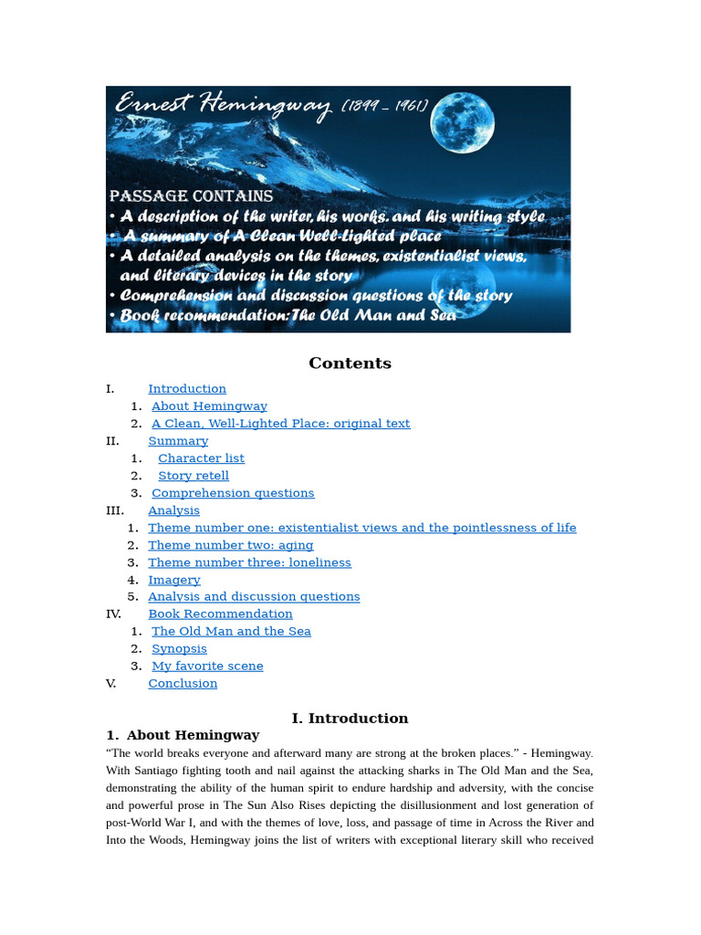 Hemingway's "A Clean, Well-Lighted Place" Analysis | PDF | Existentialism