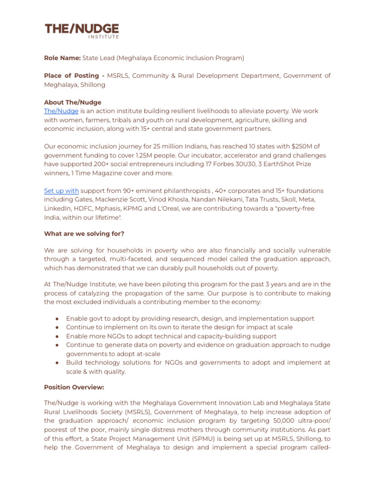 Job Description - State Lead (Meghalaya Economic Inclusion Program ...