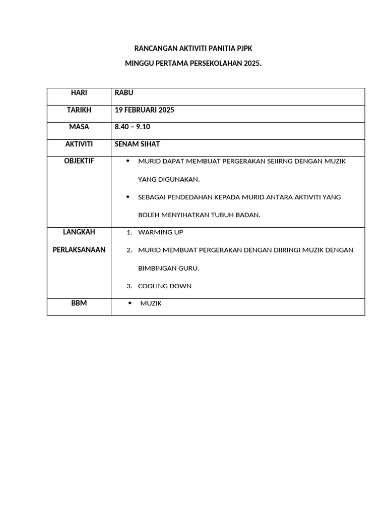 RPH PJK m1 - Senam Sihat | PDF