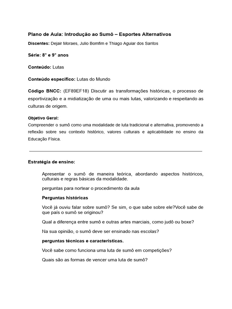 Plano de Aula - Introdução Ao Sumô - Esportes Alternativos | PDF | Japão