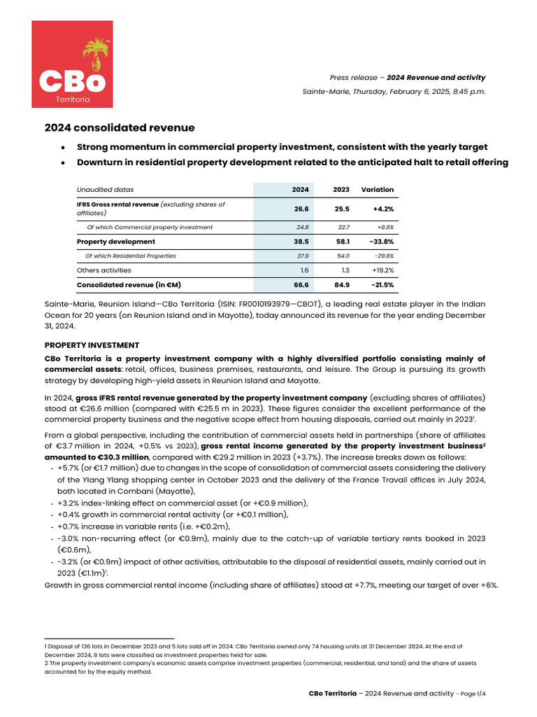 Cbot - Ca 2024 Communique de Presse - Ang | PDF | Equity (Finance) | Mergers And Acquisitions