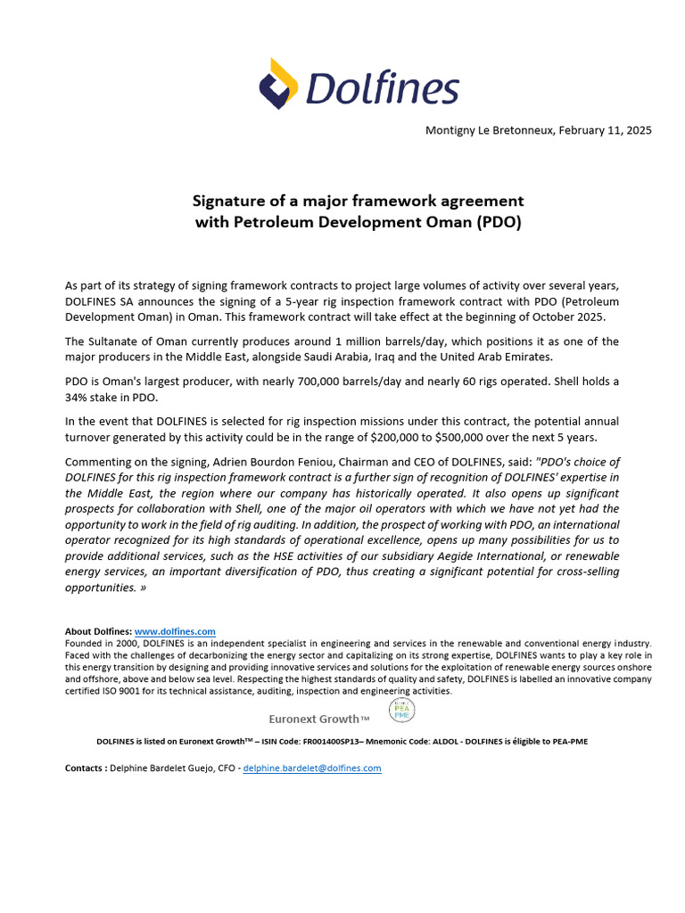 Dolfines PR Framework-Agreement-Pdo | PDF | Oman | Petroleum