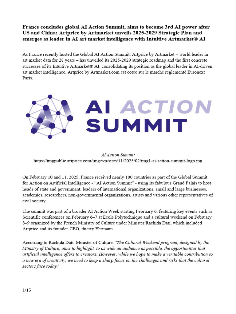 France Concludes Global Ai Action Summit Artprice by Artmarket Unveils ...