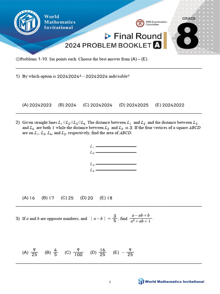 WMI 2024 Final Grade 08 Paper A Question | PDF | Area | Mathematics