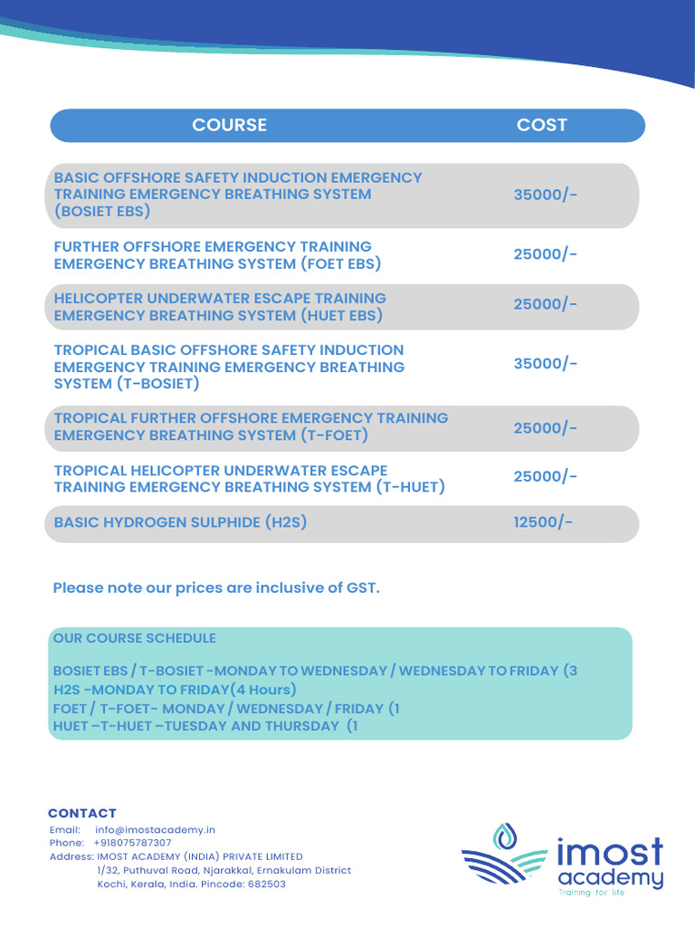 BOSIET Course Fees at IMOST Academy | PDF