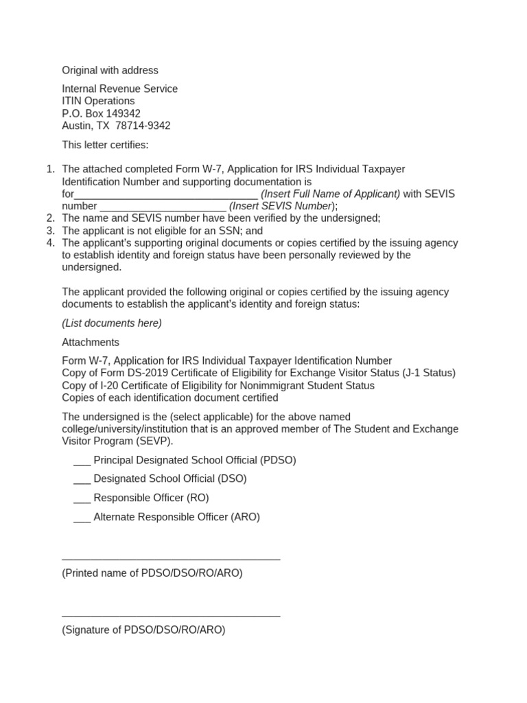 IRS ITIN Certification for SEVIS Applicants | PDF