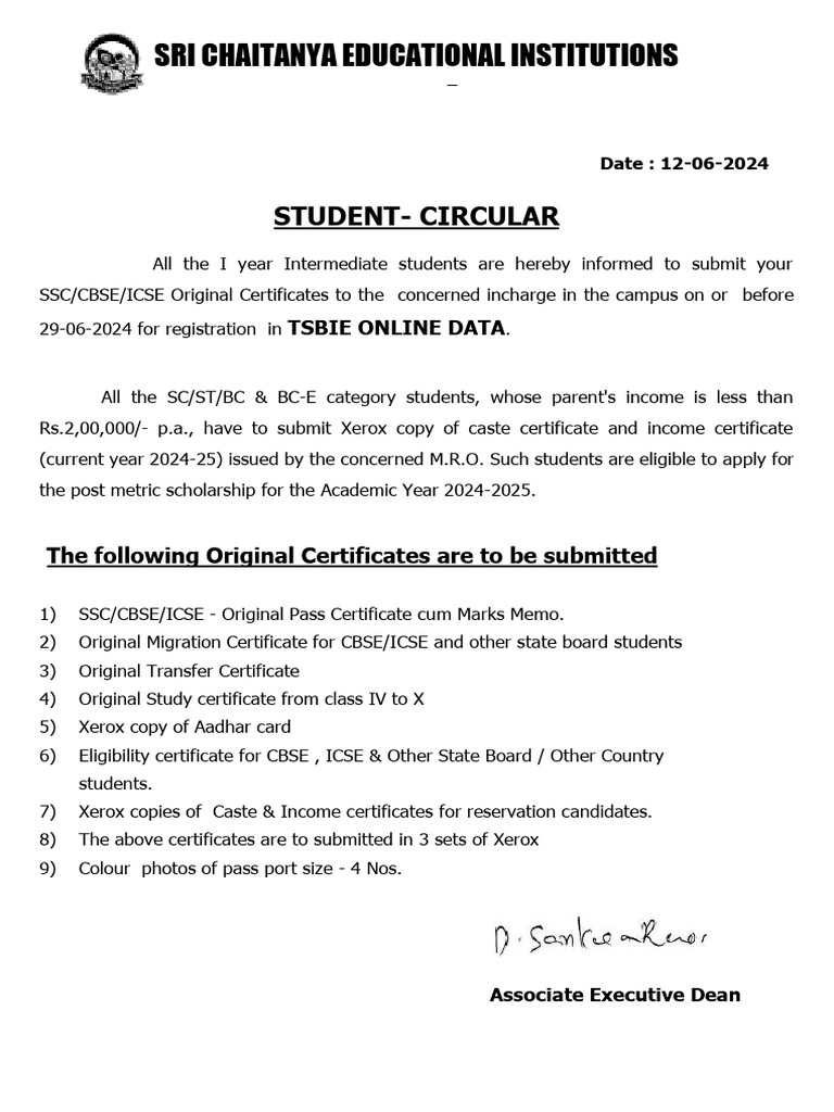 I Year Student Certificate Circular-2024-25 | PDF