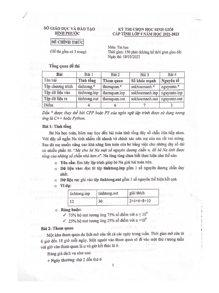 Đề thi HSG Tin học tỉnh Bình Phước 22-23 | PDF