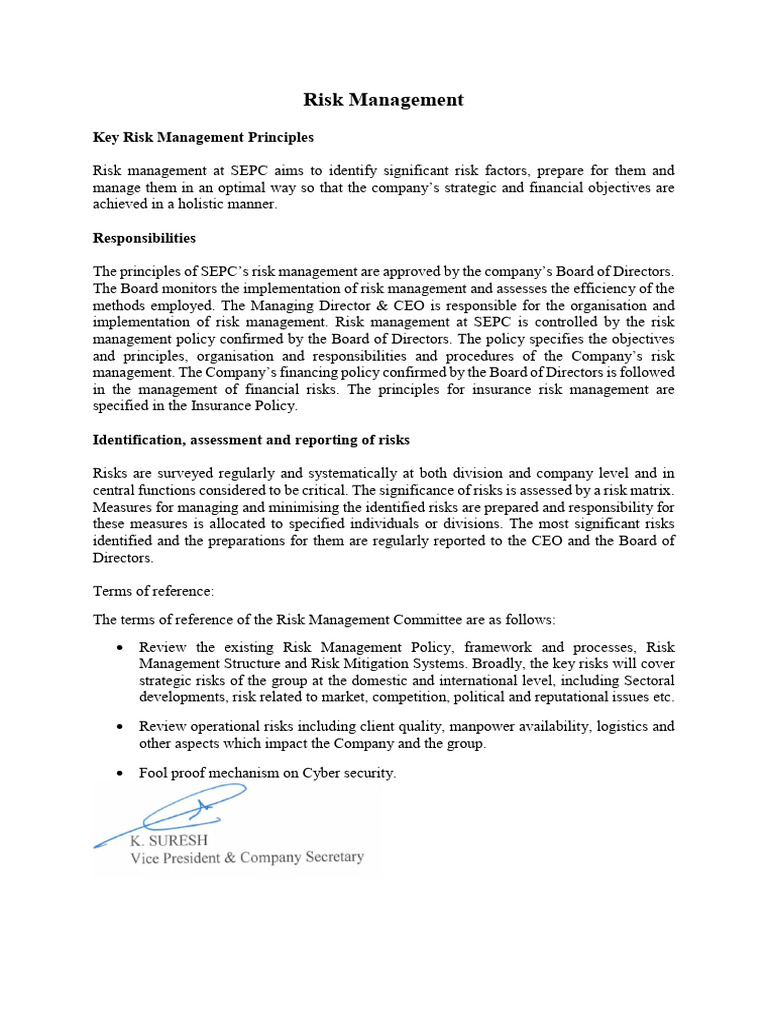 Risk Management Committee Policy Terms of Reference | PDF