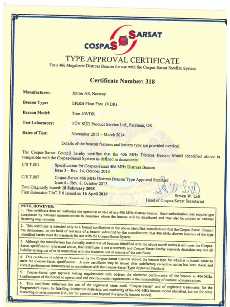 Certificate Cospas Sarsat Tron 40VDR TAC 318 16 Apr 19 | PDF
