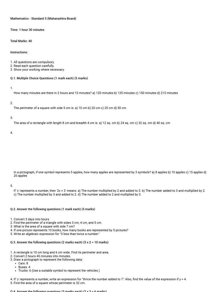 STD 5TH Final Exam Maths Question Paper | PDF | Area | Numbers