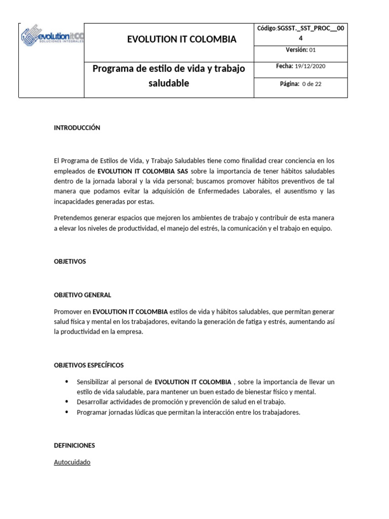 SGSST. - SST - PROC - 004 - Programa de Estilo de Vida y Trabajo Saludable - V1. | PDF ...
