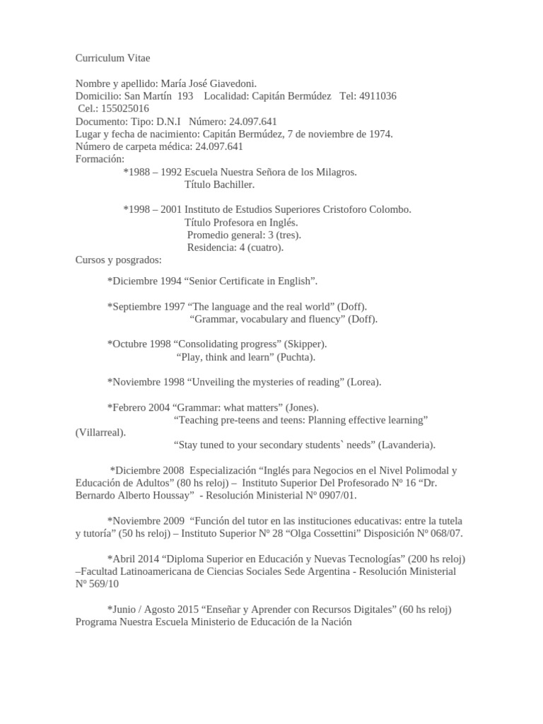Curriculum Vitae de María José Giavedoni | PDF | Maestros | Aprendizaje