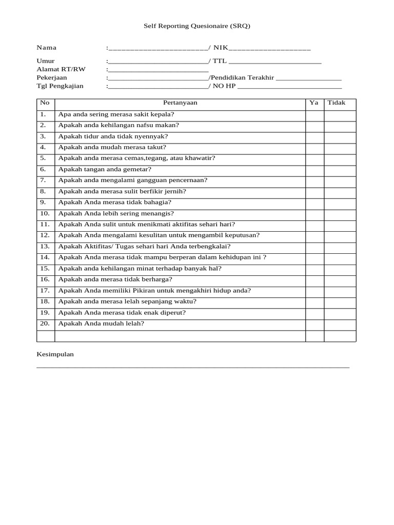 Self Reporting Quesionaire | PDF
