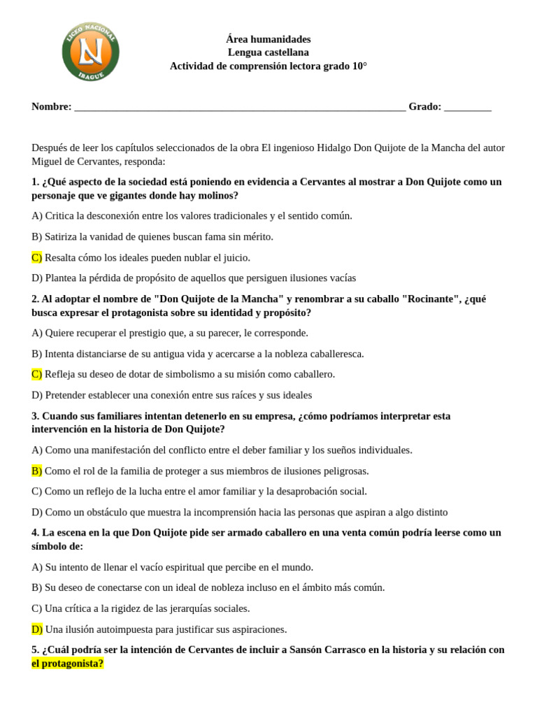 Quiz Don Quijote 10° | PDF | Don Quijote