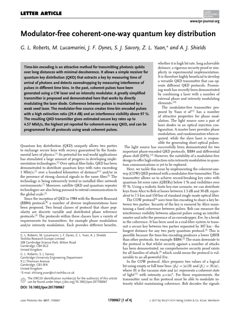 Modulator-Free Coherent-One-Way Quantum Key Distribution | PDF | Laser ...